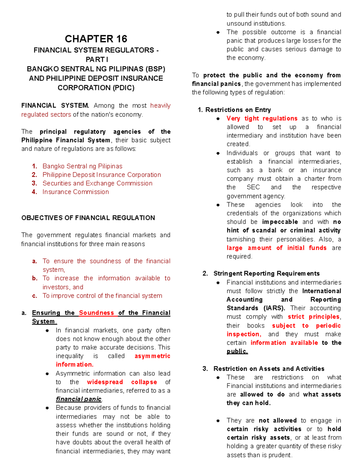CHAPTER 16: FINANCIAL SYSTEM REGULATORS - BSP & PDIC Overview - Studocu