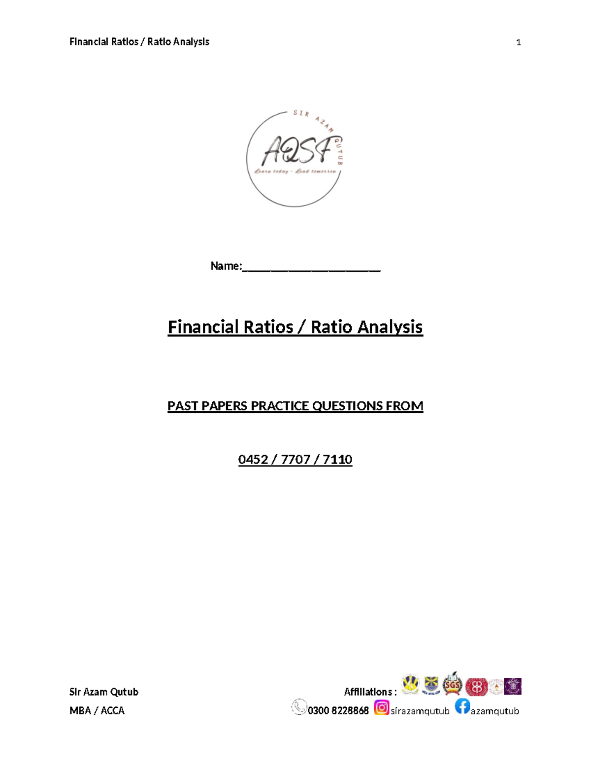 Financial Ratios - O Levels 0452 7707 Ratio Analysis Past Papers - Studocu