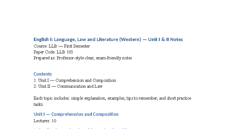 LLB 105: English I Unit I & II Comprehensive Study Notes - Studocu