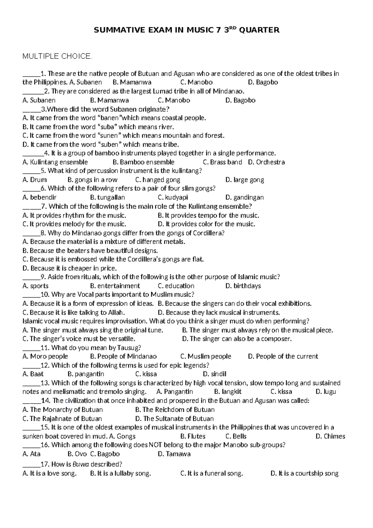 Summative Exam: Music 7 3rd Quarter Review Questions & Answers - Studocu