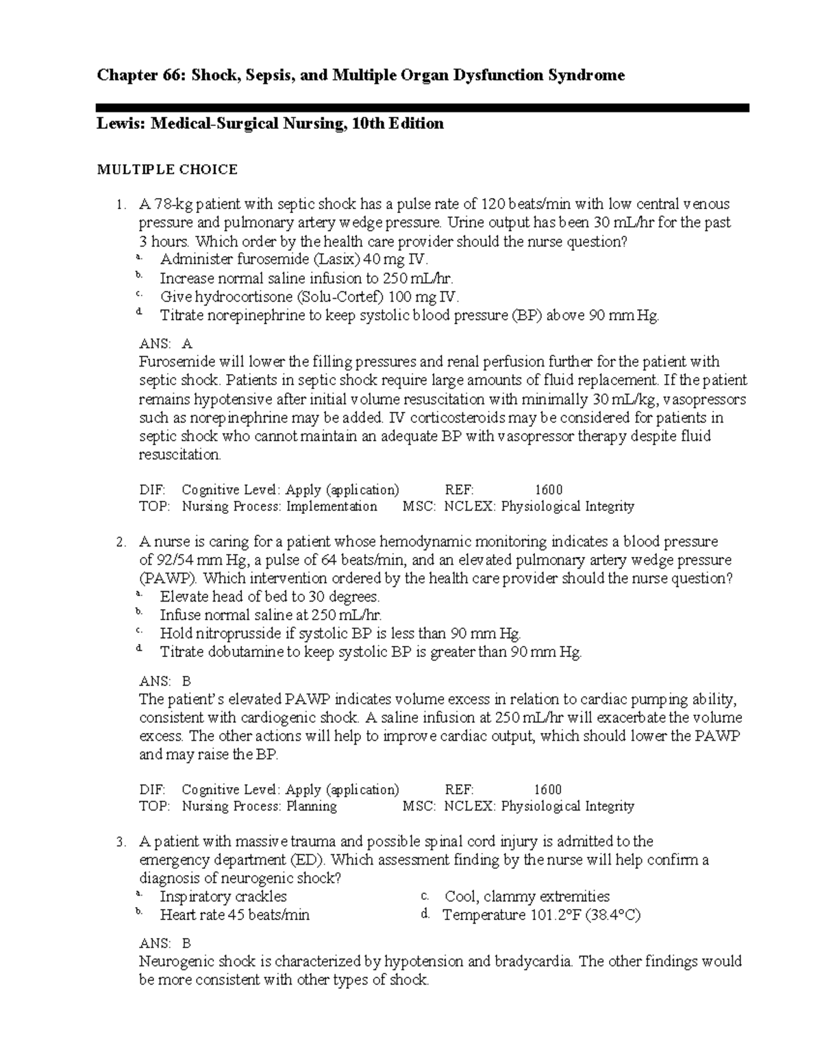 Chapter 66: Shock, Sepsis, and MODS - Nursing Insights and MCQs - Studocu