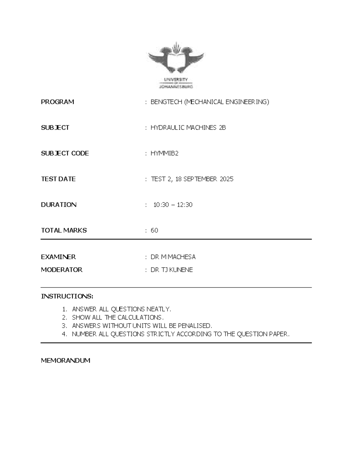 Memo - Test 2 - memo for previous test - PROGRAM : BENGTECH (MECHANICAL ...