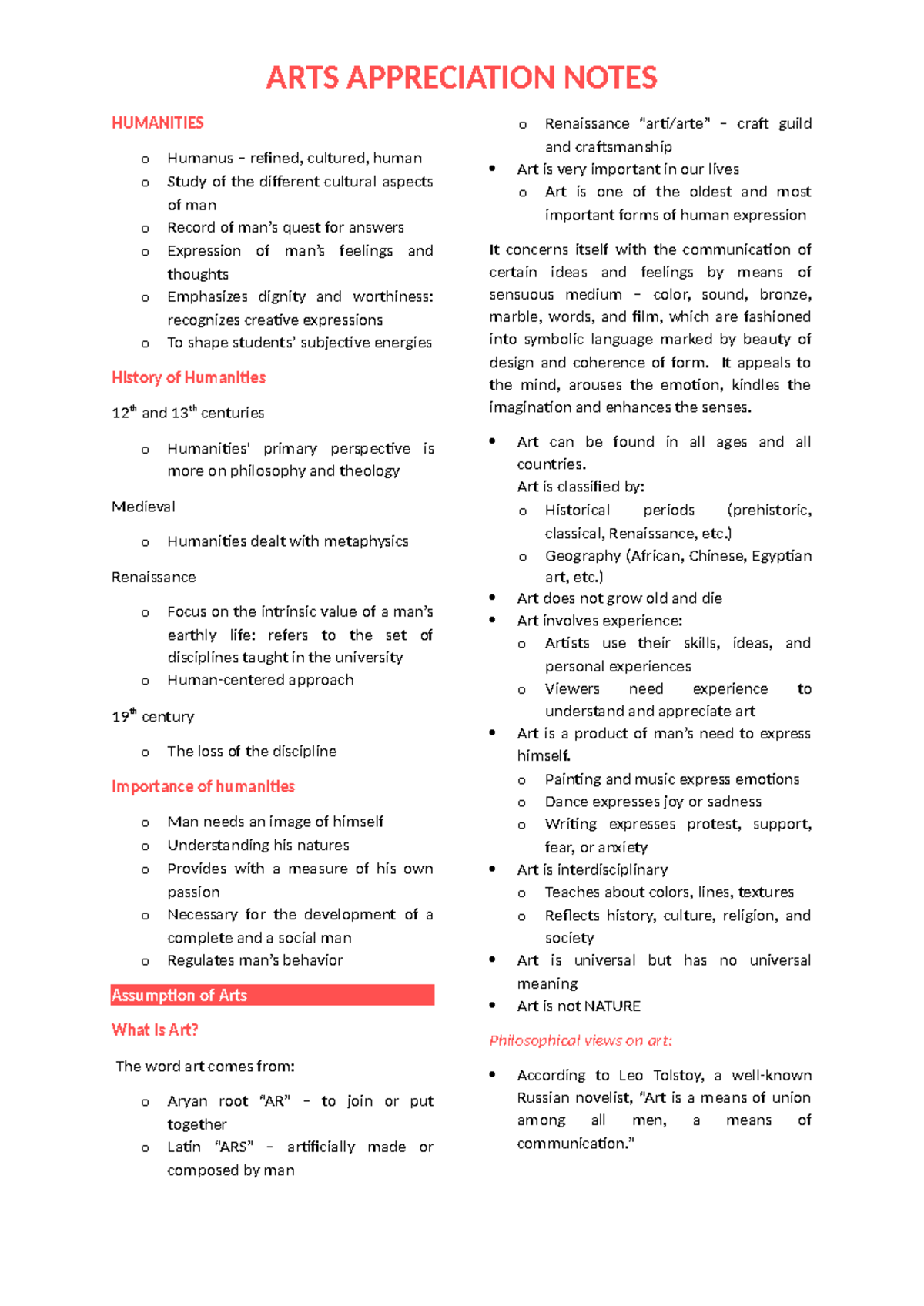 HUM01 Midterm Notes on Arts Appreciation and Humanities - Studocu