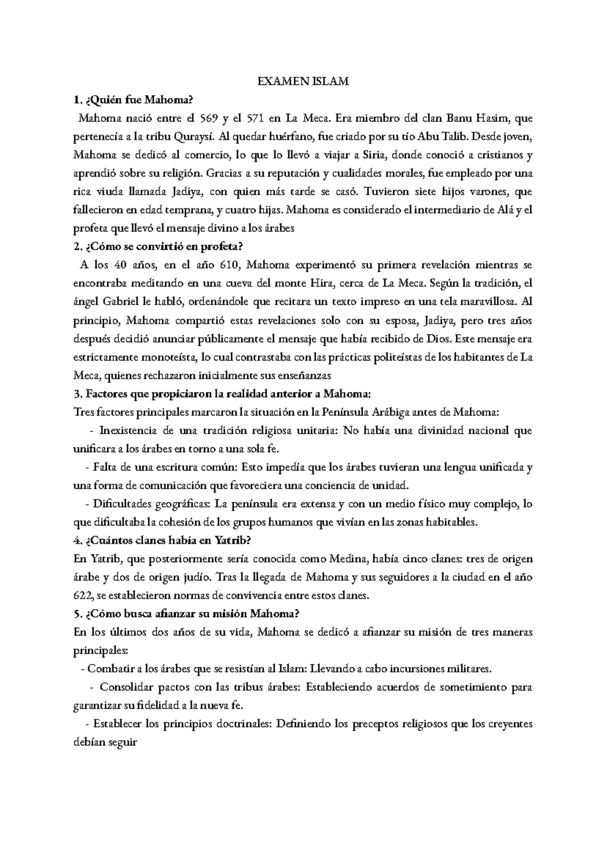 Examen Final Historia del Islam (ISL 101) - Información Clave - Studocu