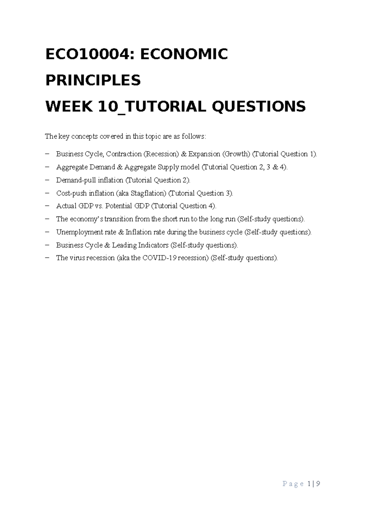 Week 10 Tutorial Questions - ECO10004: ECONOMIC PRINCIPLES WEEK 10 ...