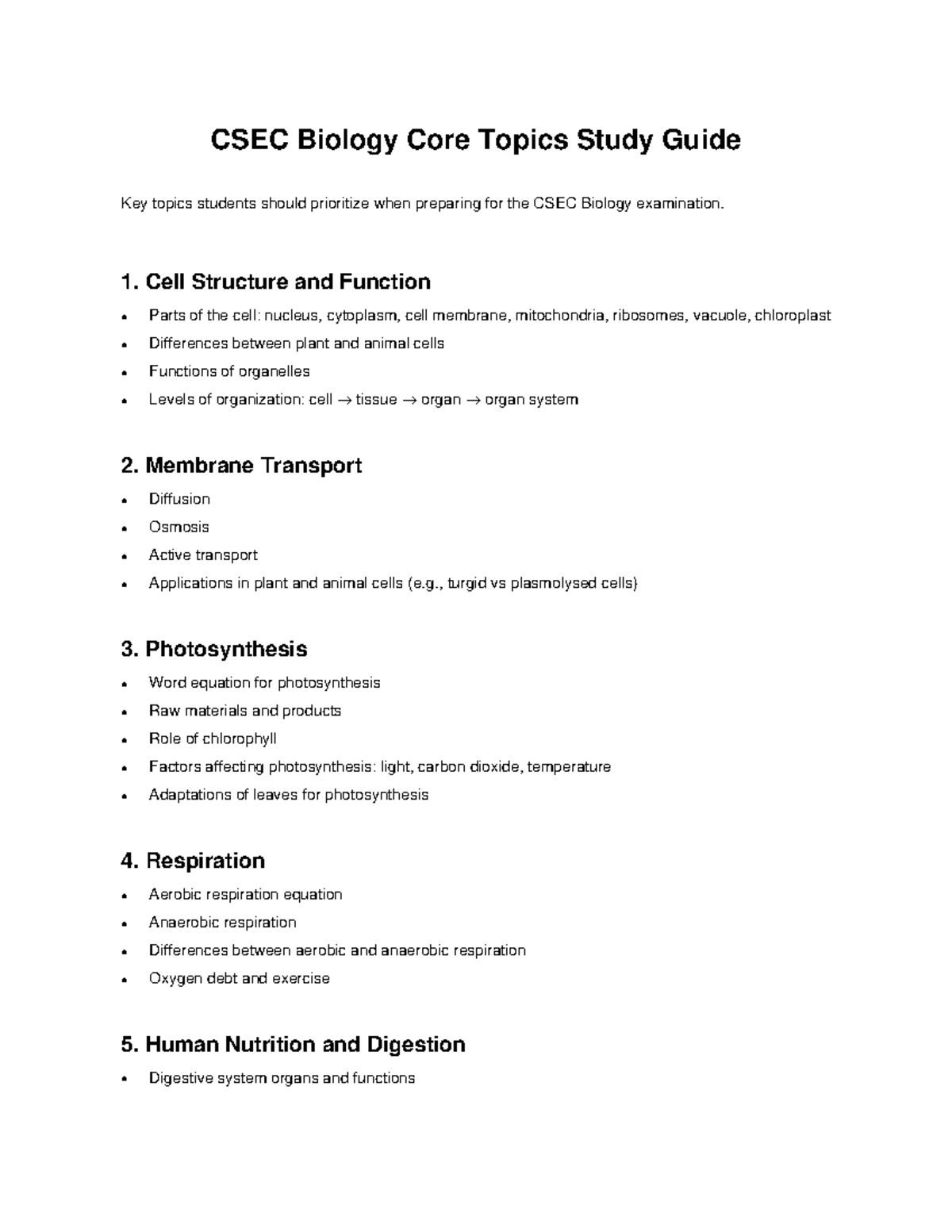 CSEC Biology Core Topics Study Guide for Exam Preparation - Studocu