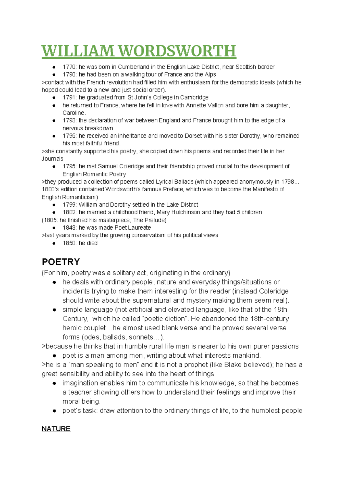 Wordsworth and Coleridge: A Study of Romantic Poetry and Nature - Studocu