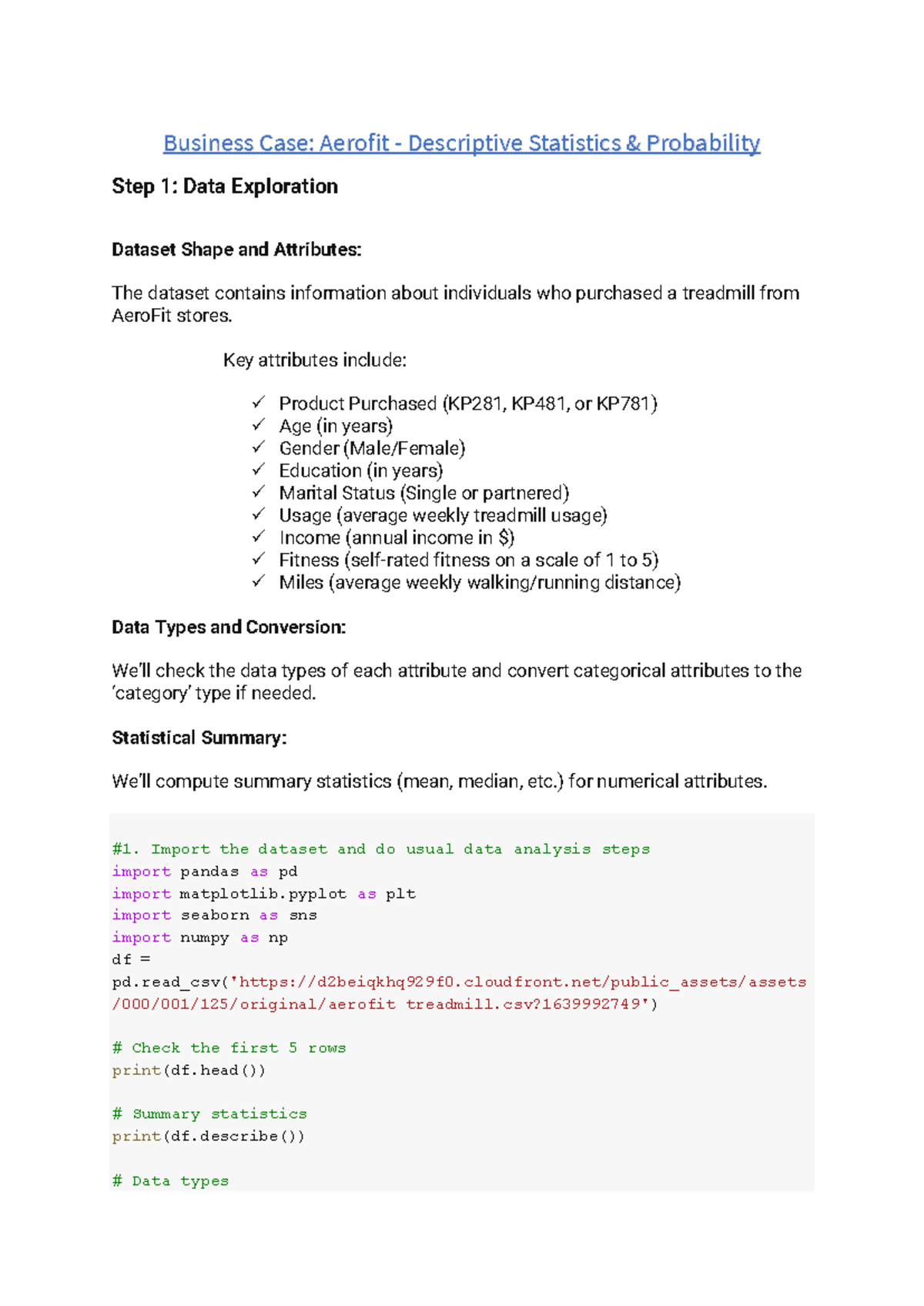 Aerofit Business Case: Descriptive Stats & Probability Analysis - Studocu