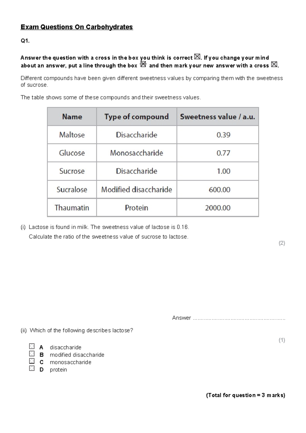Carbohydrate Exam Questions - Q1 to Q5 Analysis and Answers - Studocu