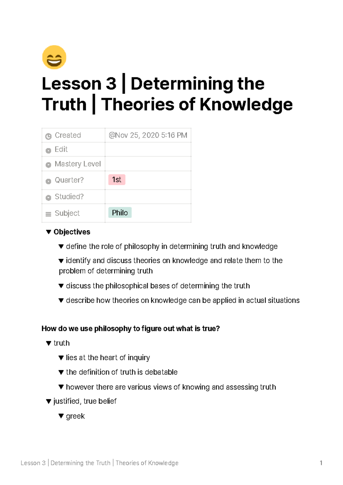 Lesson 3: Truth Determination and Knowledge Theories (Philo) - Studocu