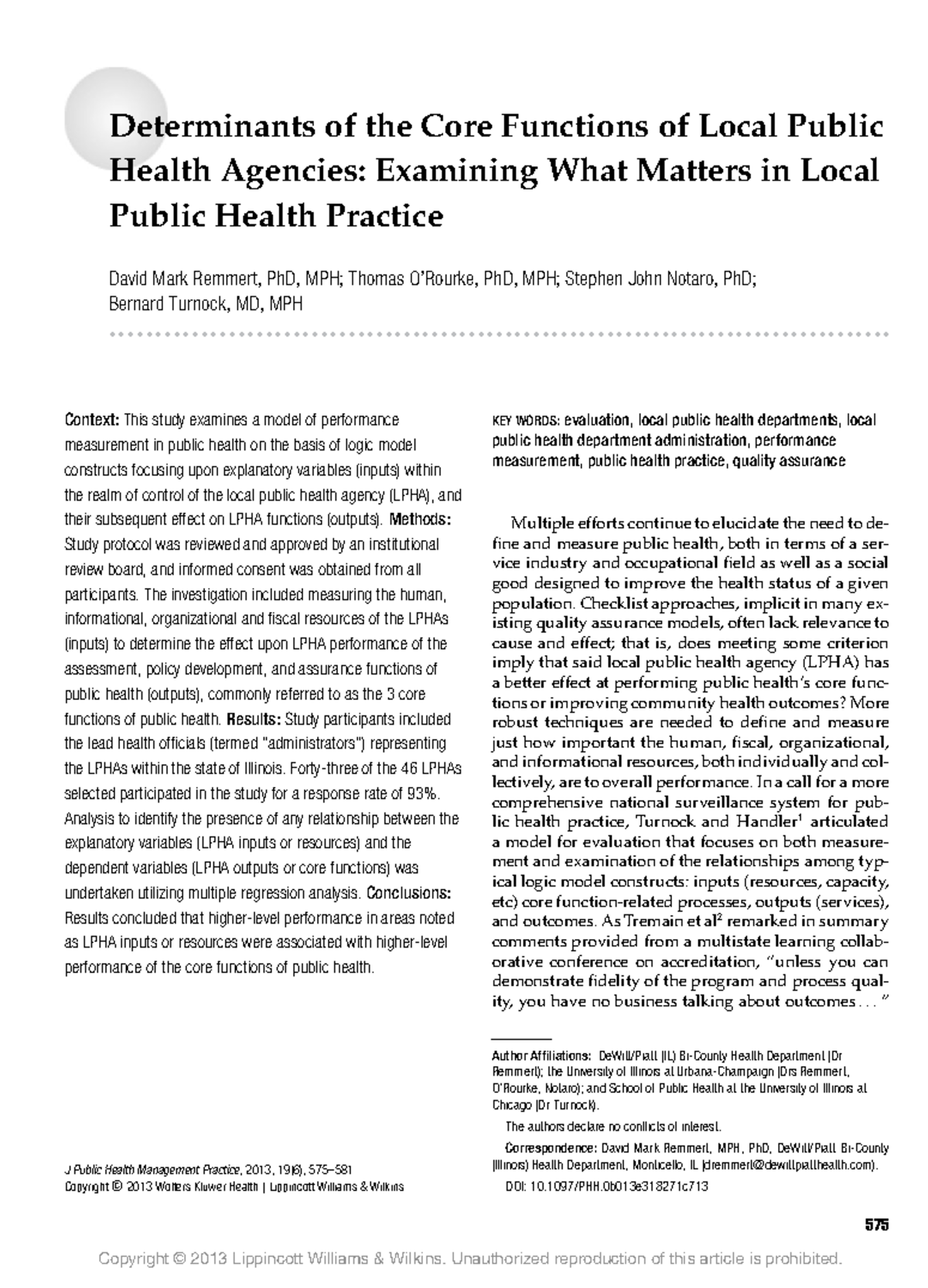 Determinants of Core Functions in Local Public Health Agencies ...