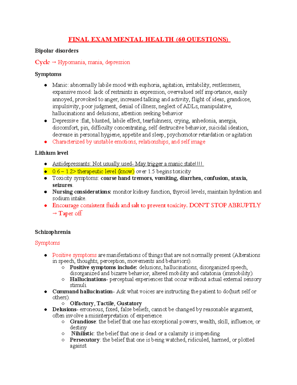 FINAL EXAM STUDY GUIDE: MENTAL HEALTH (60 QUESTIONS) - Studocu