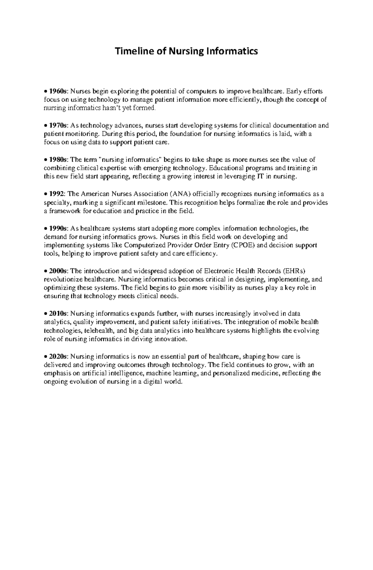 Timeline of Nursing Informatics: Historical Overview and Evolution ...