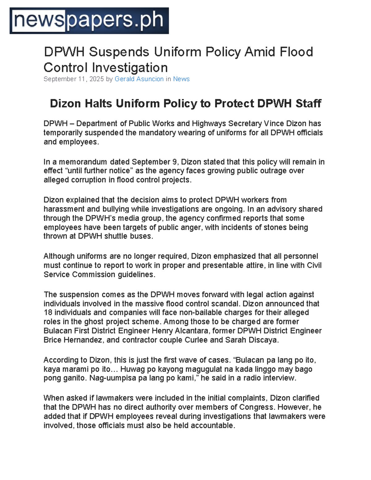 DPWH Suspends Uniform Policy Amid Flood Control Scandal - Studocu