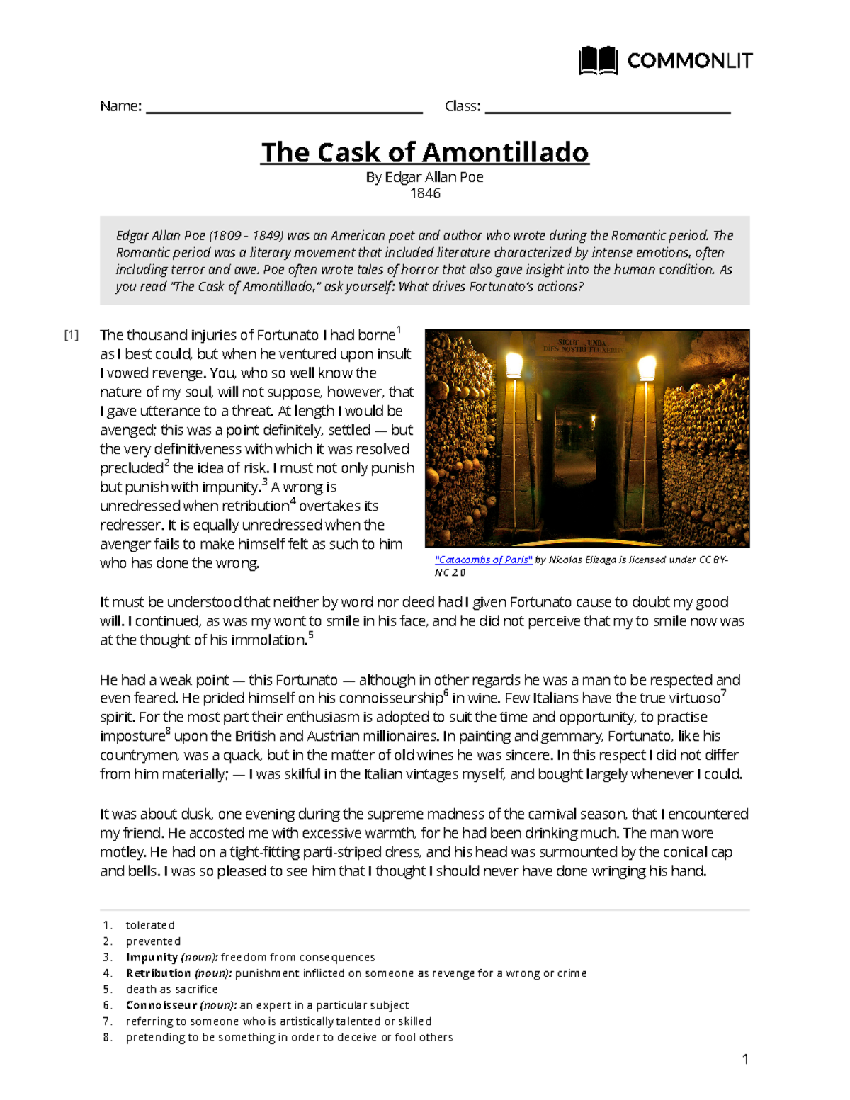 Commonlit the-cask-of-amontillado - Name: Class: "Catacombs of Paris ...