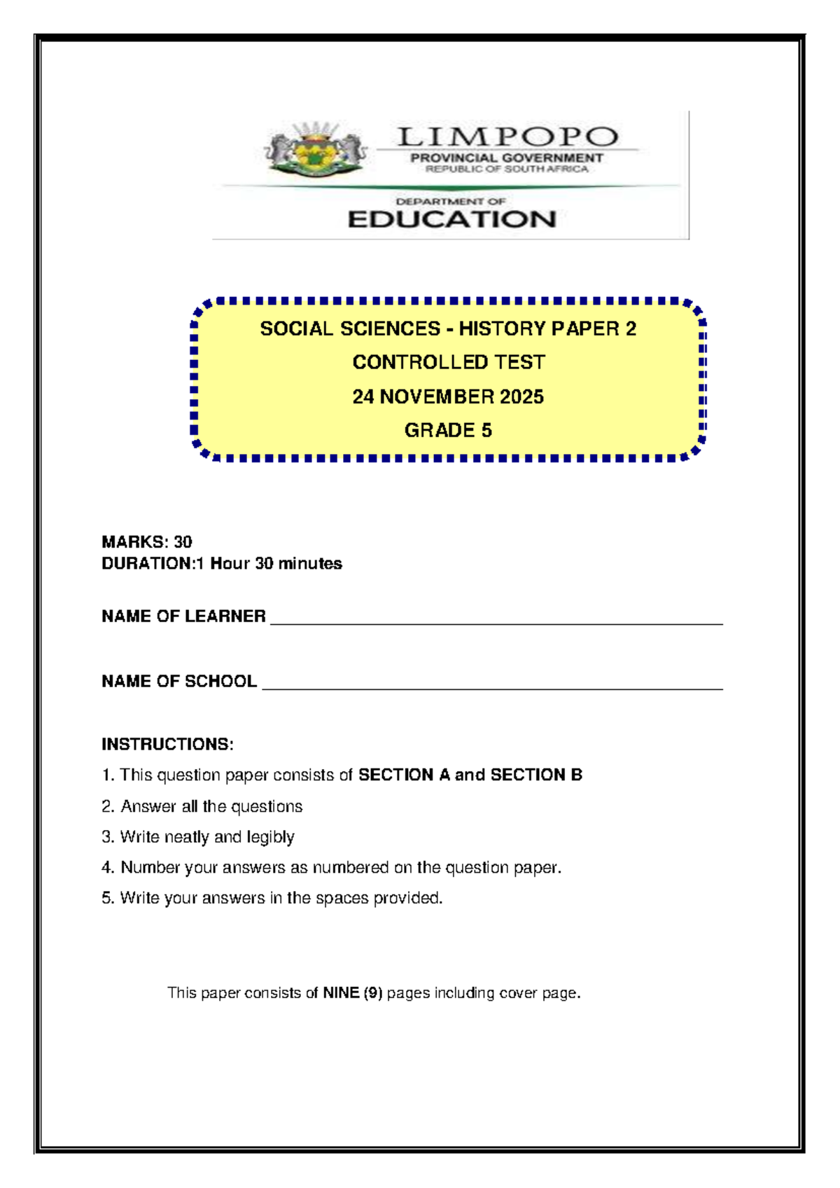 SOCIAL SCIENCES HISTORY GRADE 5 CONTROLLED TEST 24 NOV 2025 - Studocu