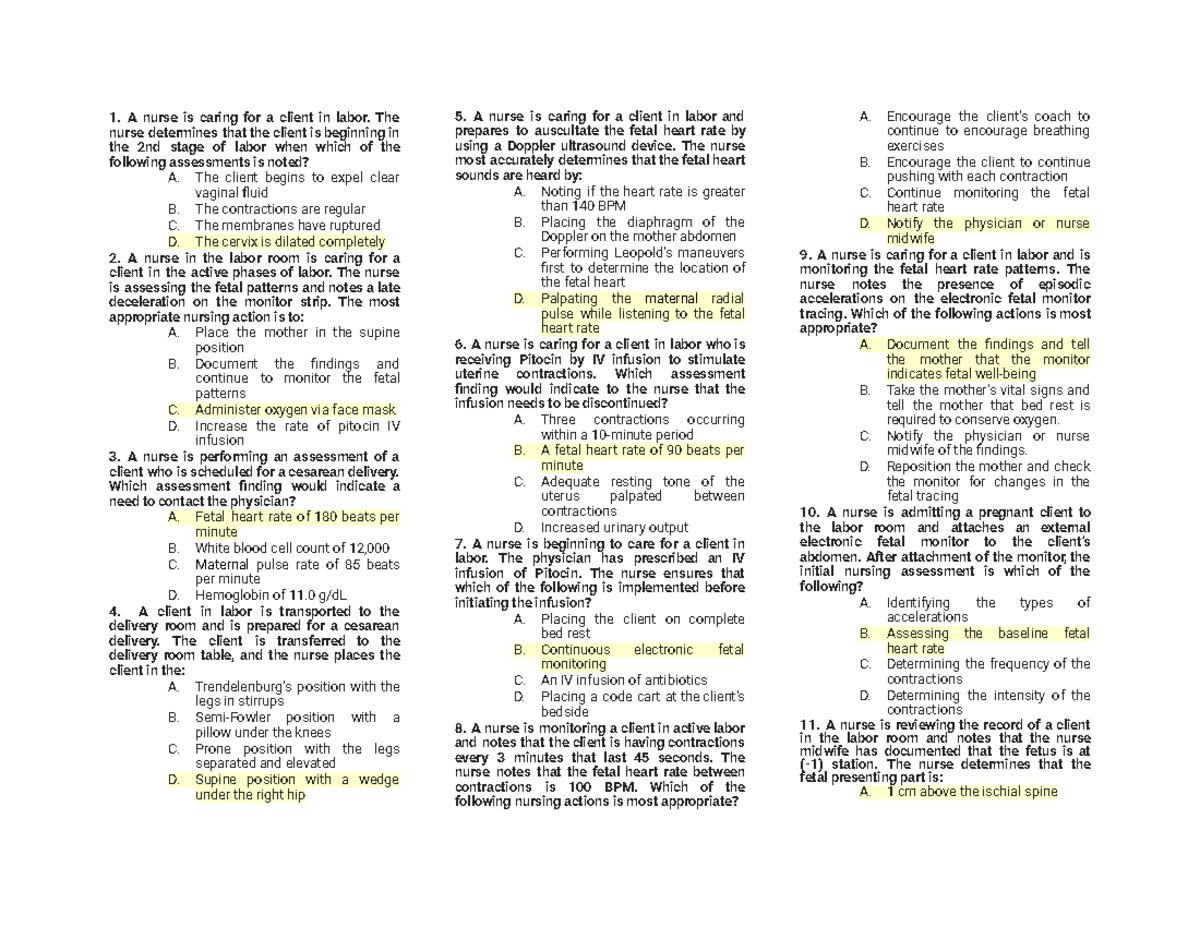 NCM 107 RLE - NCM 107 FINALS REVIEW QUESTIONS - A nurse is caring for a ...