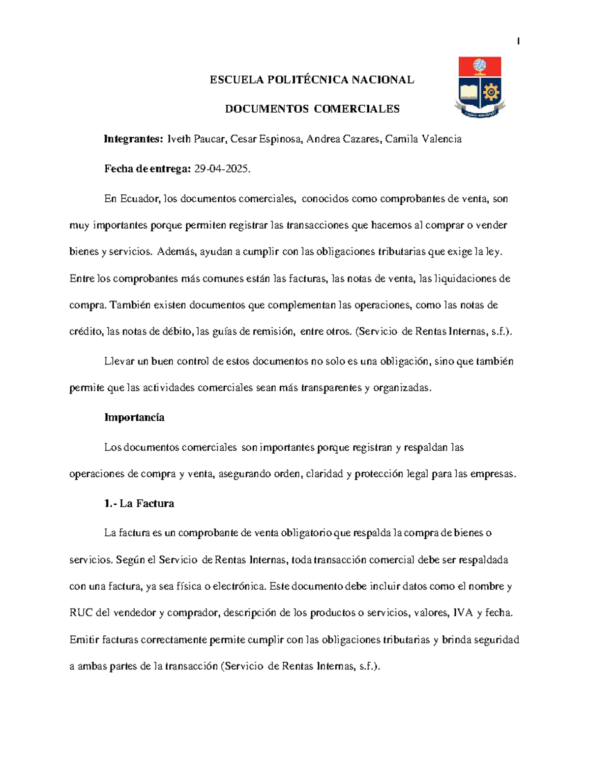 Informe sobre Documentos Comerciales - ESCUELA POLITÉCNICA NACIONAL - Studocu