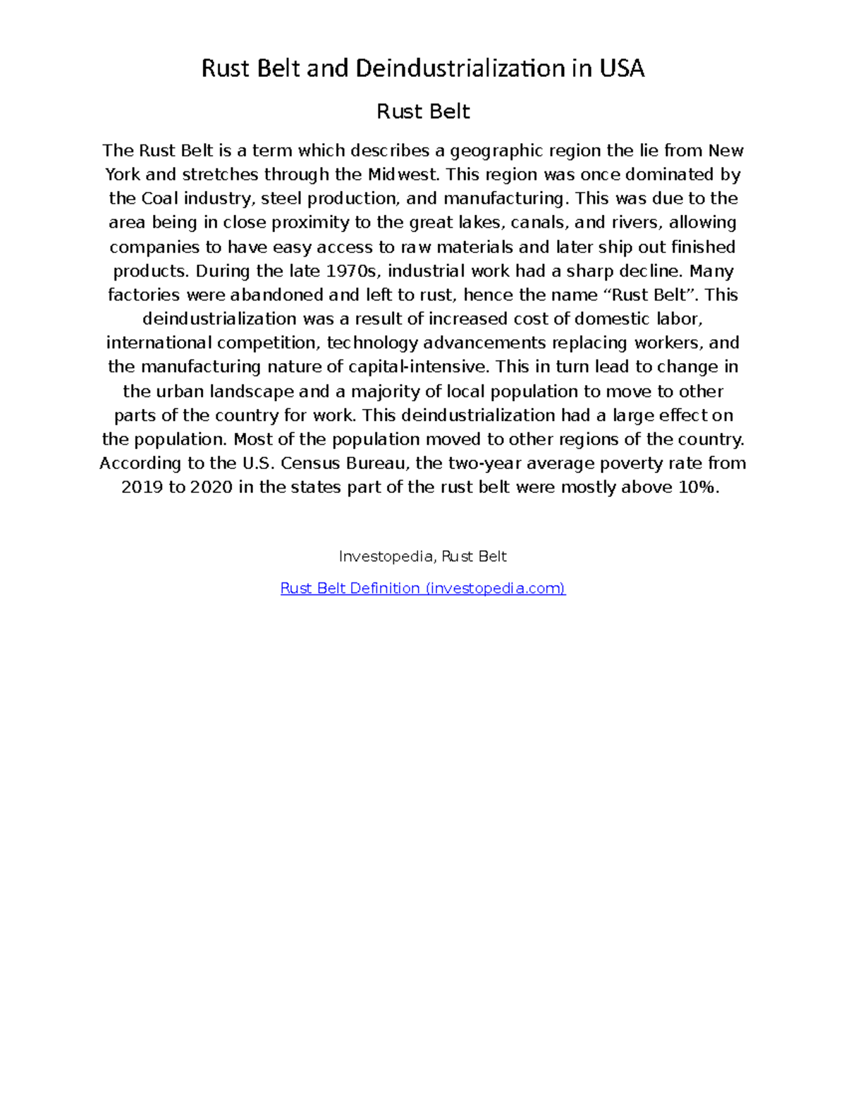 Human Geography ID paper - Rust Belt and Deindustrialization in USA ...