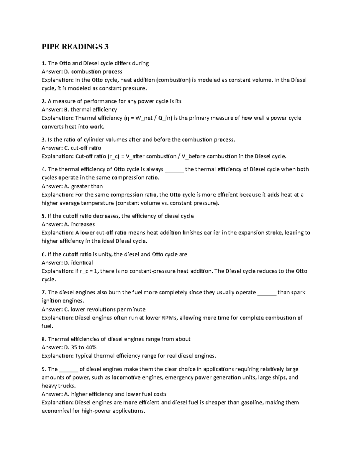 PIPE 3: Otto and Diesel Cycle Analysis with Explanations - Studocu