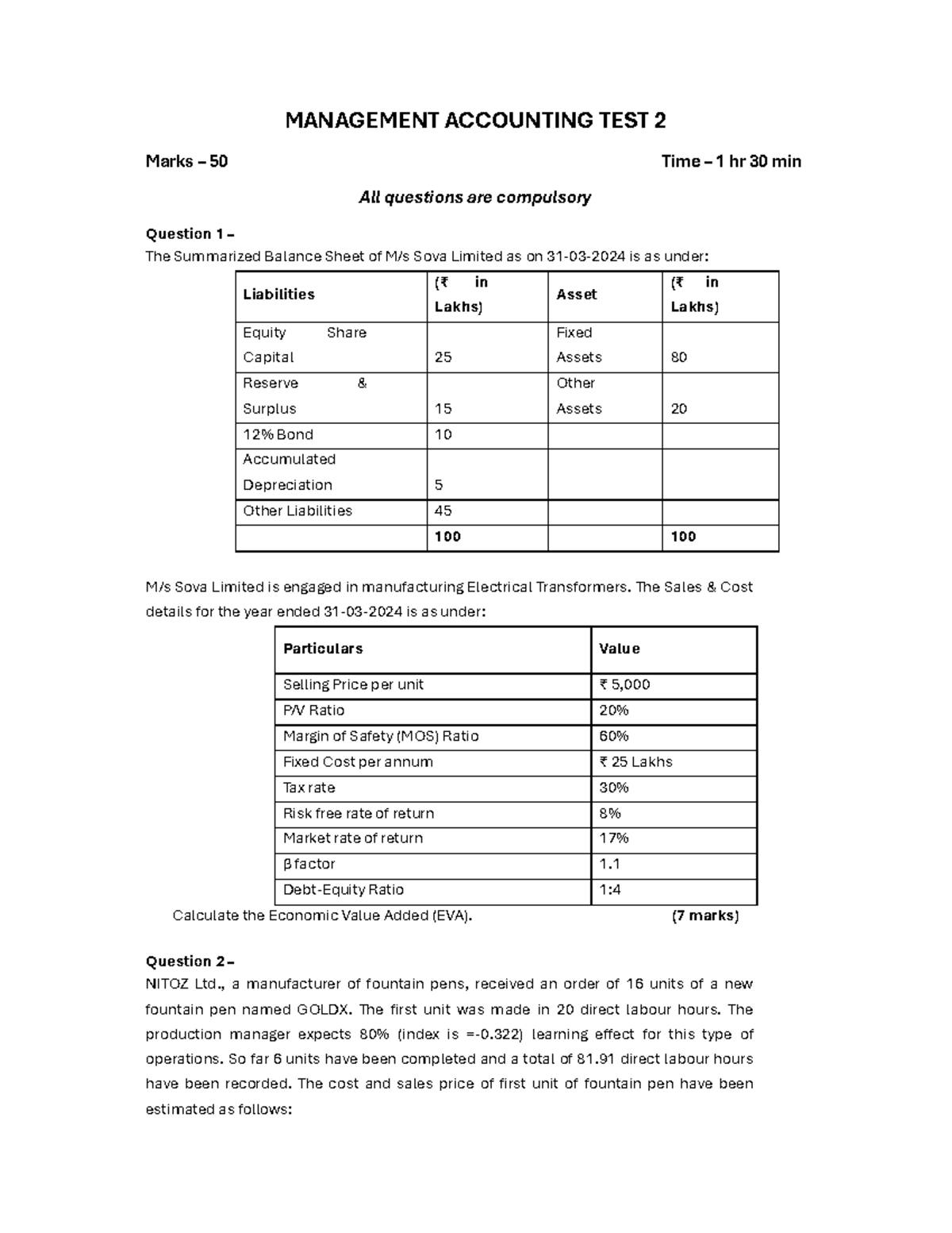 MA Test 2 - Management Accounting Exam Paper Analysis - Studocu
