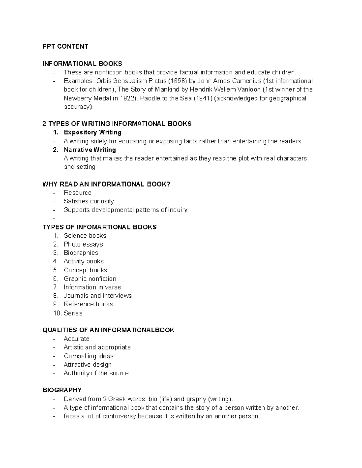 Informational Books & Biography Overview - Key Concepts & Types - Studocu