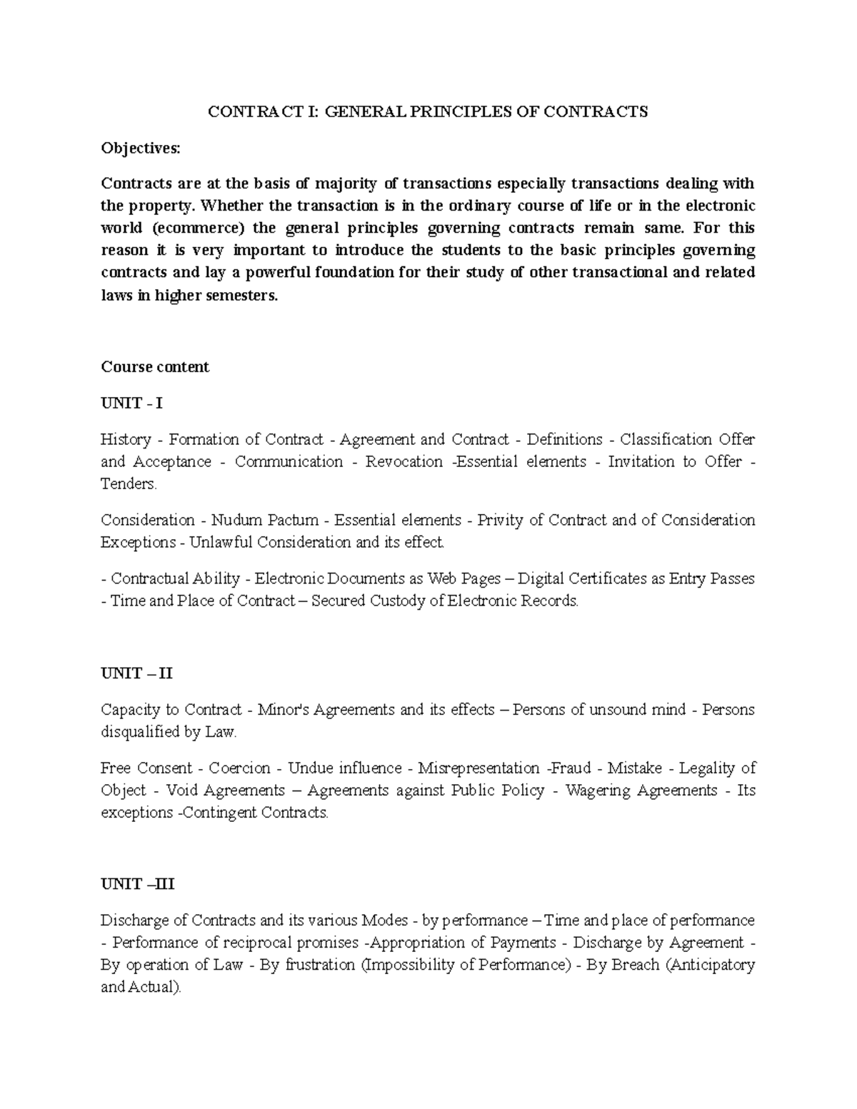 Contract I Syllabus: General Principles of Contracts Overview - Studocu