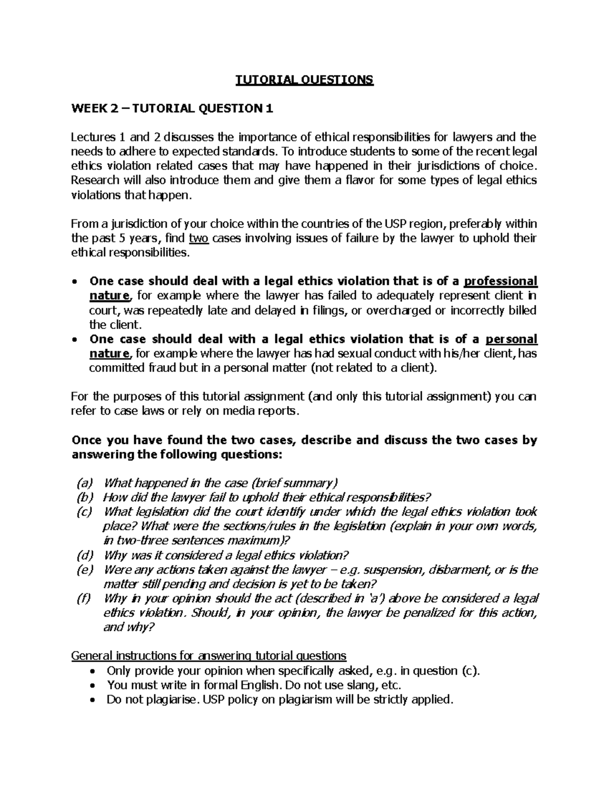 Legal Ethics Violations - Tutorial 1 Questions (Week 2) - Studocu