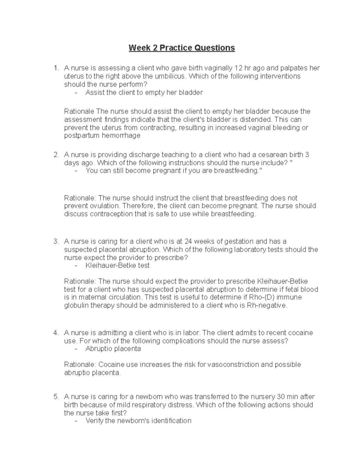 OB Practice Questions – Week 2 Nursing Review - Studocu