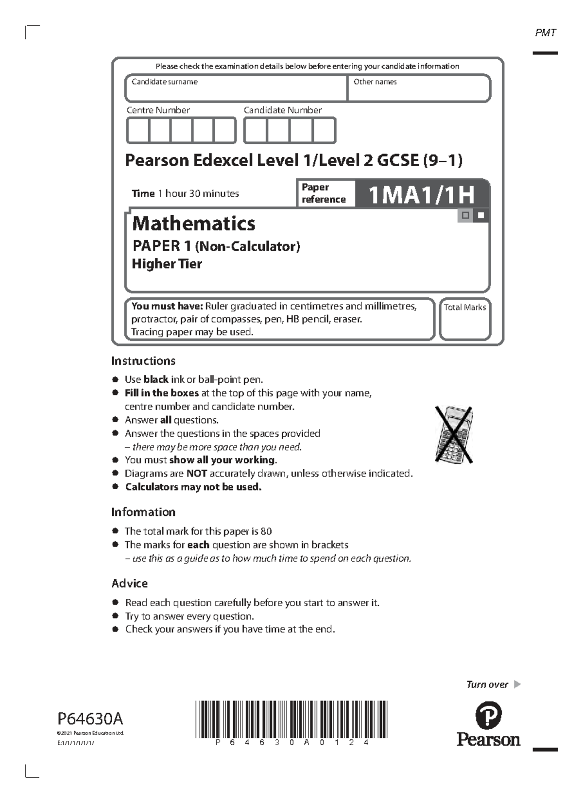 PMT Level 2 GCSE Mathematics Paper 1 Higher Tier Exam Instructions ...