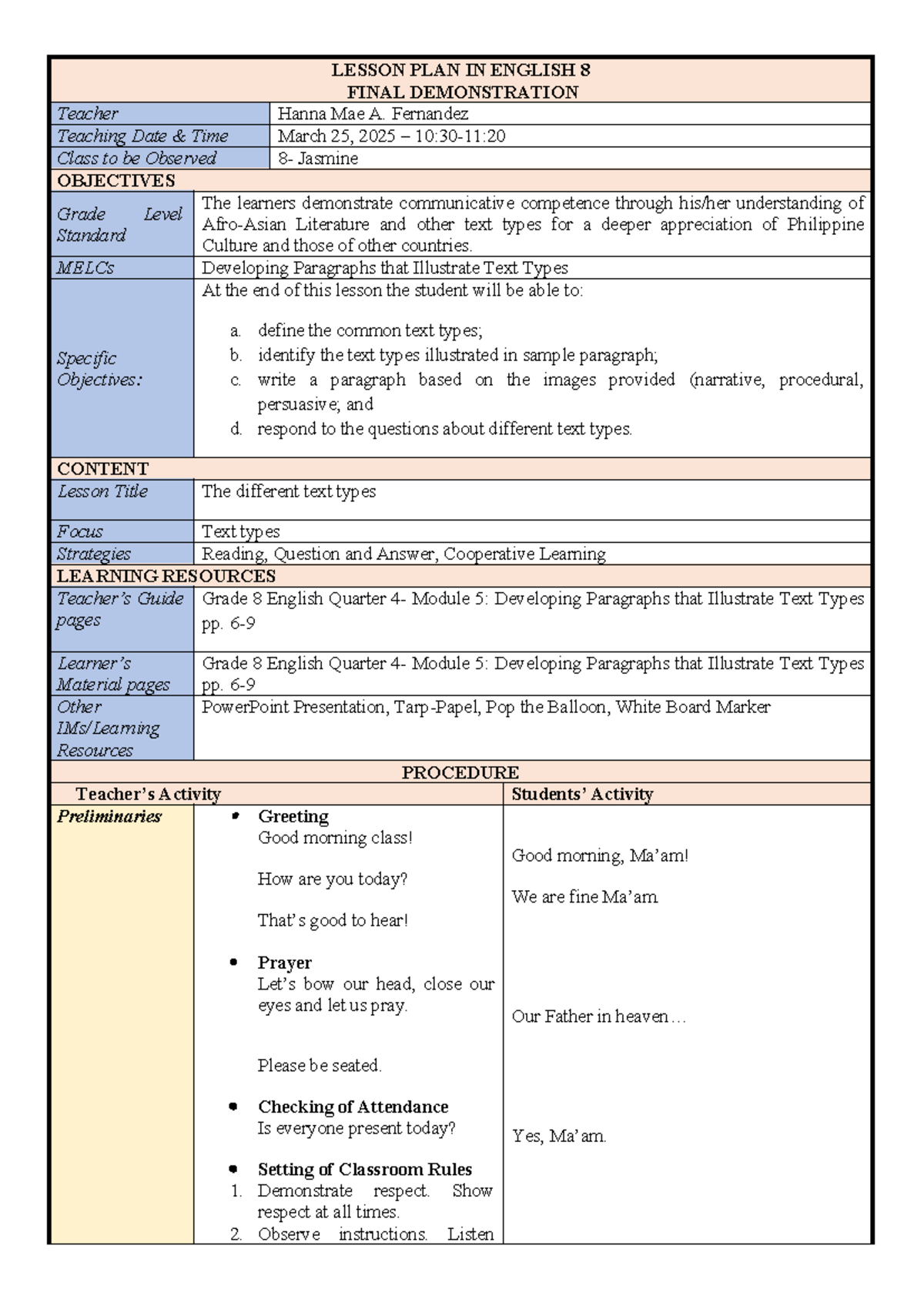 ENGLISH 8 FINAL DEMO LESSON PLAN: TEXT TYPES & PARAGRAPH WRITING - Studocu