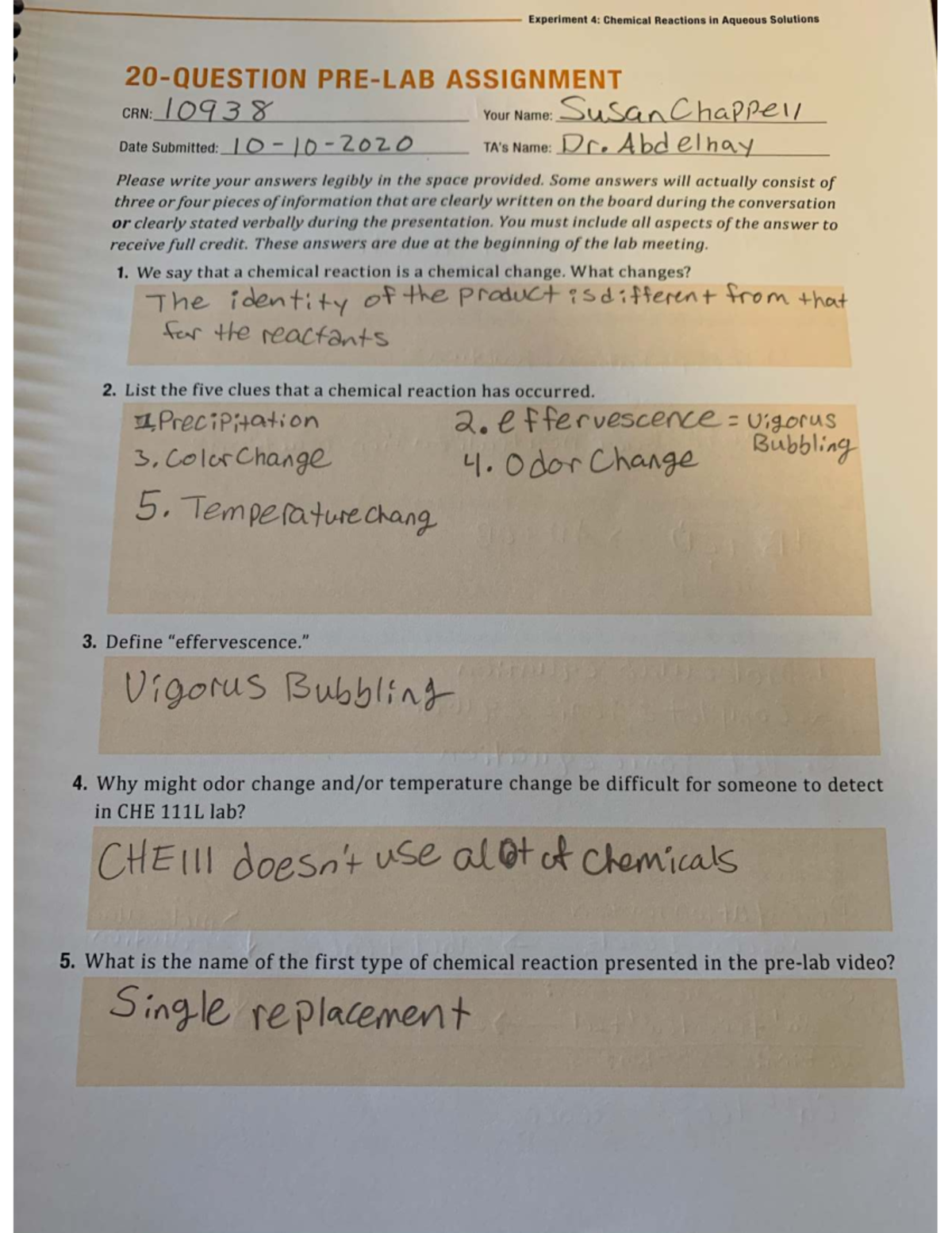 Experiment 4: Chemical Reactions in Aqueous Solutions - Lab Report CRN ...