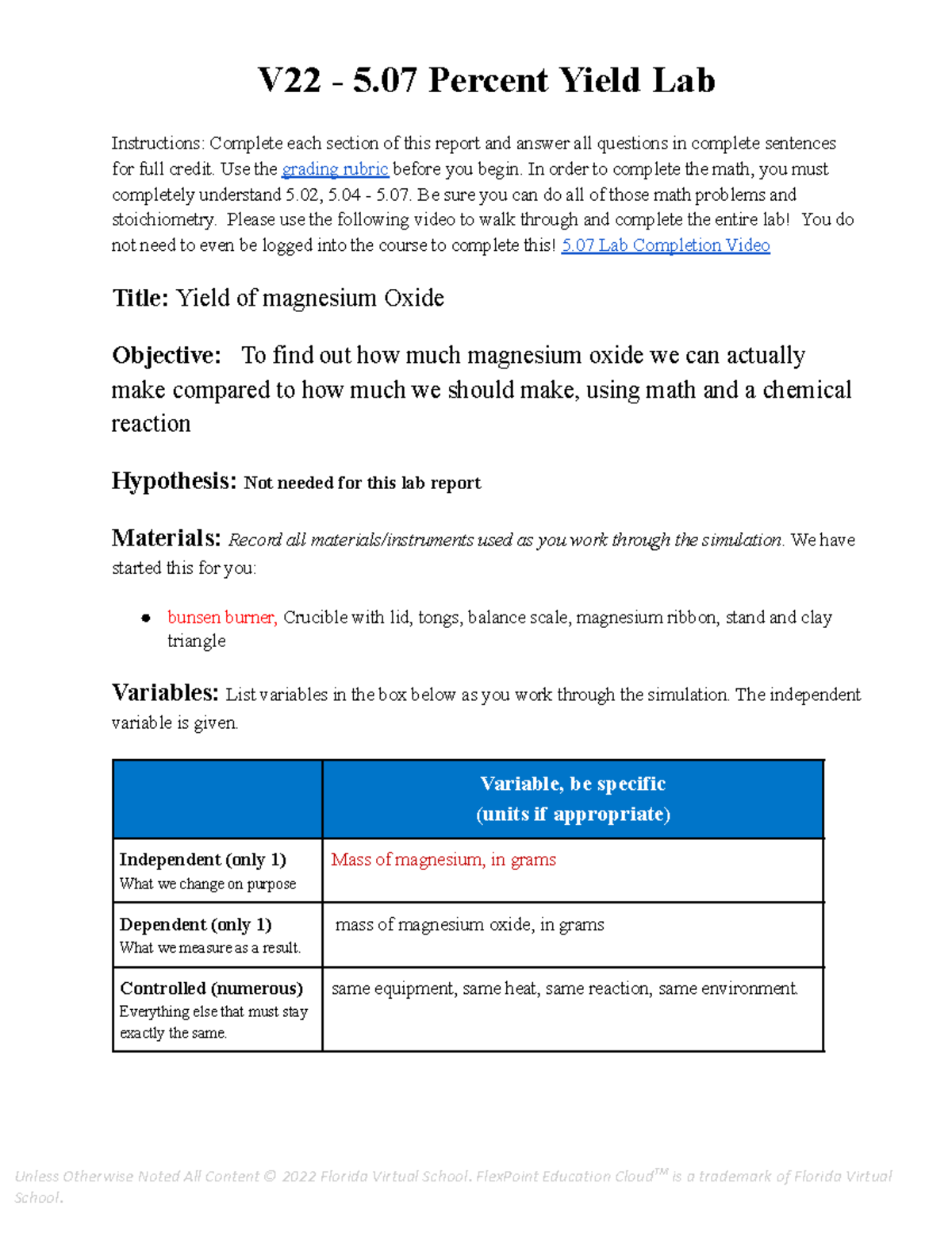 5.07 Percent Yield Lab Report: Analyzing Magnesium Oxide Production ...
