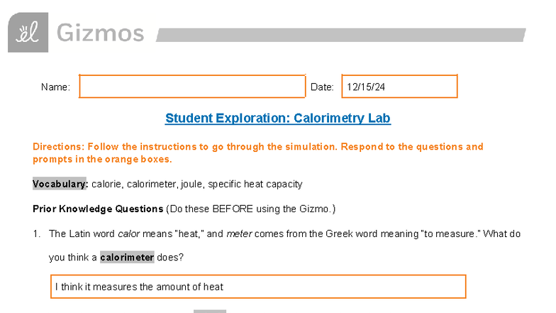 Calorimetry Lab Worksheet: Exploring Heat Transfer and Specific Heat ...
