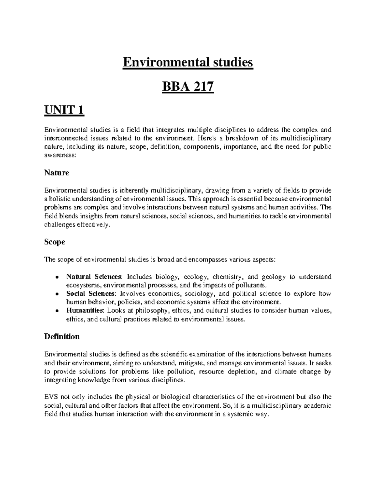 BBA 217 EVS Notes: Understanding Environmental Studies and Ecosystems ...