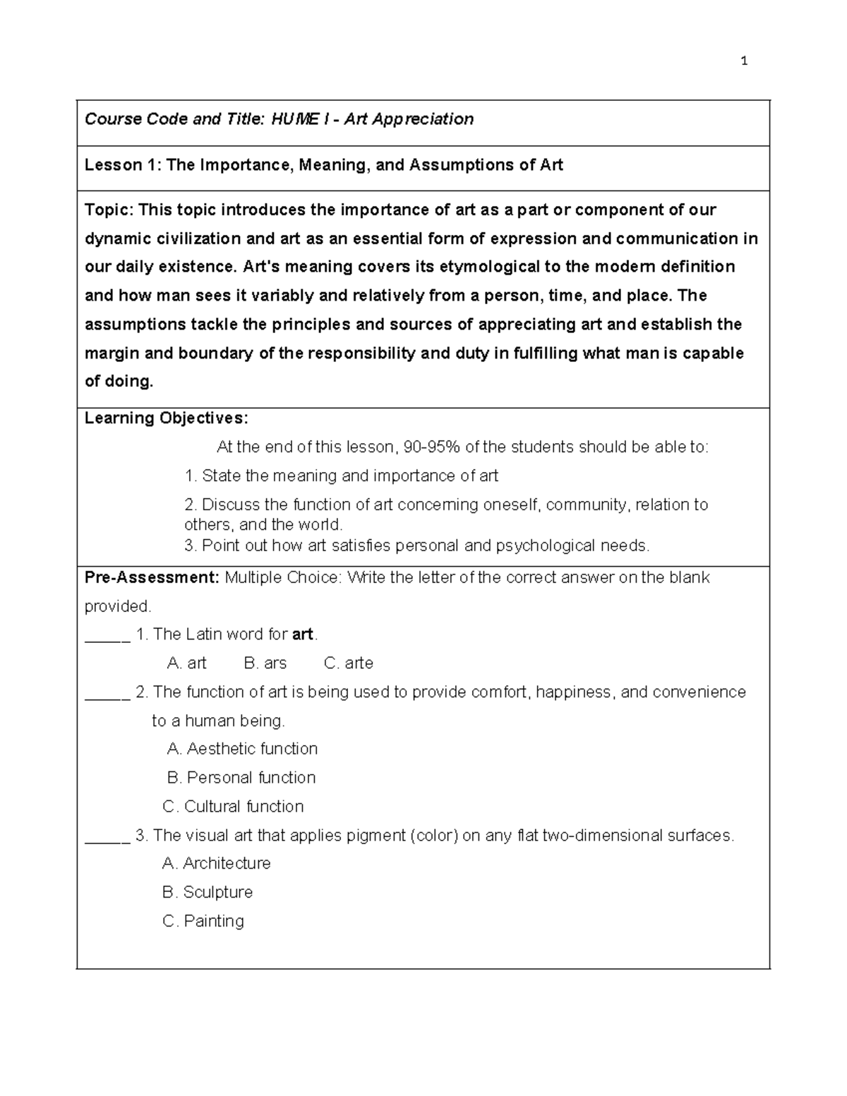M1-art-app - LECTURE - Course Code and Title: HUME I - Art Appreciation ...