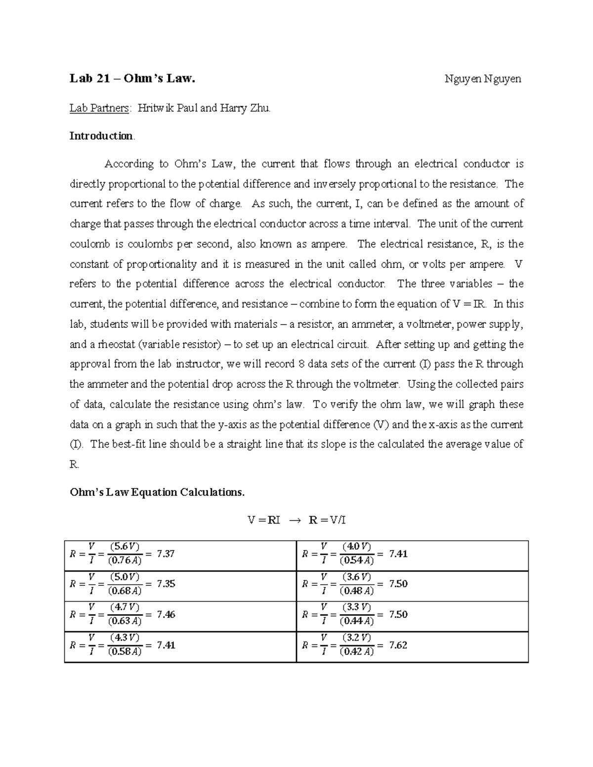 Lab 21 - Ohm Law - This is the Lab report for the class. - Lab 21 – Ohm ...