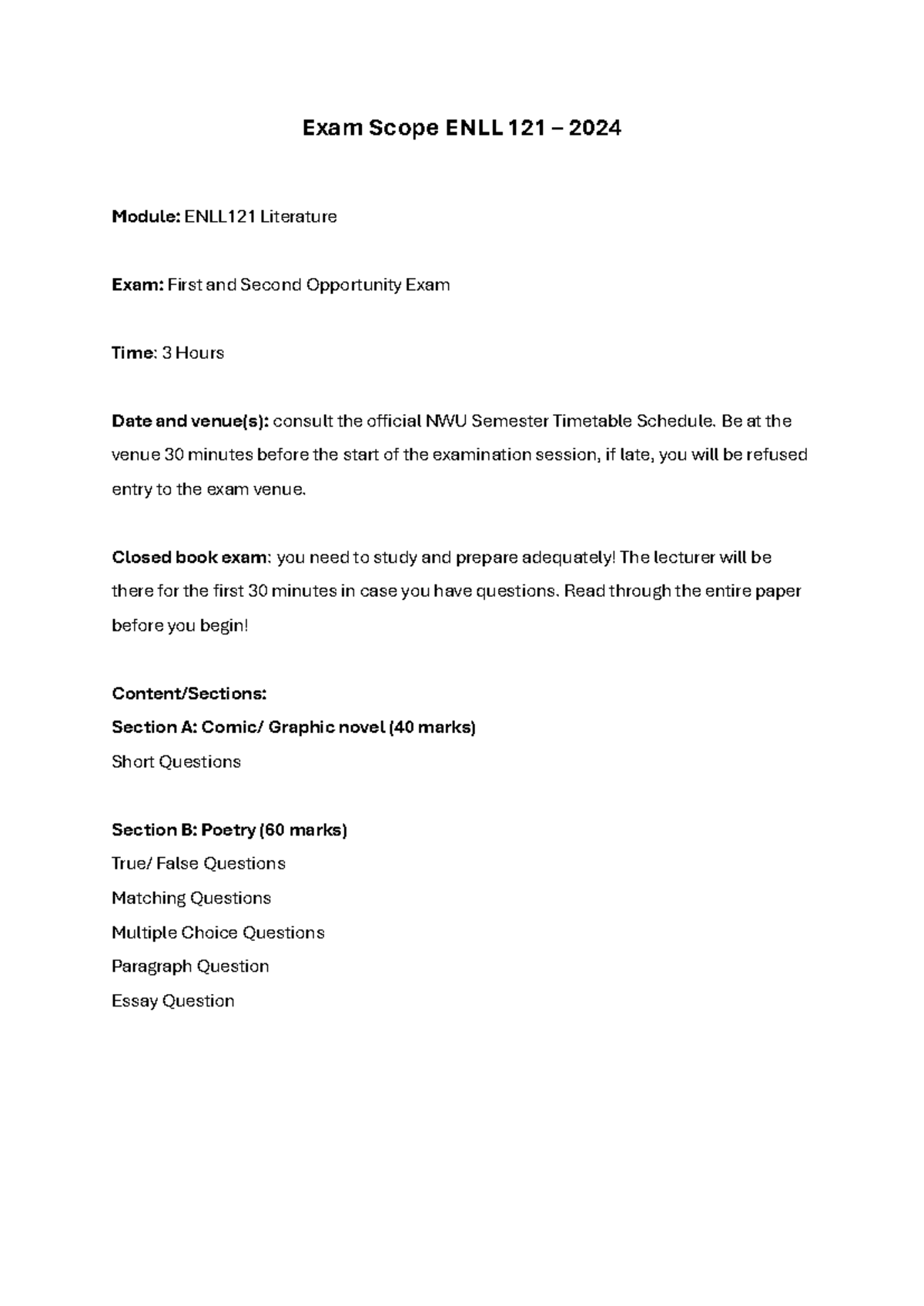 ENLL121 Final Exam Scope - 2024: Literature Topics Overview - Studocu
