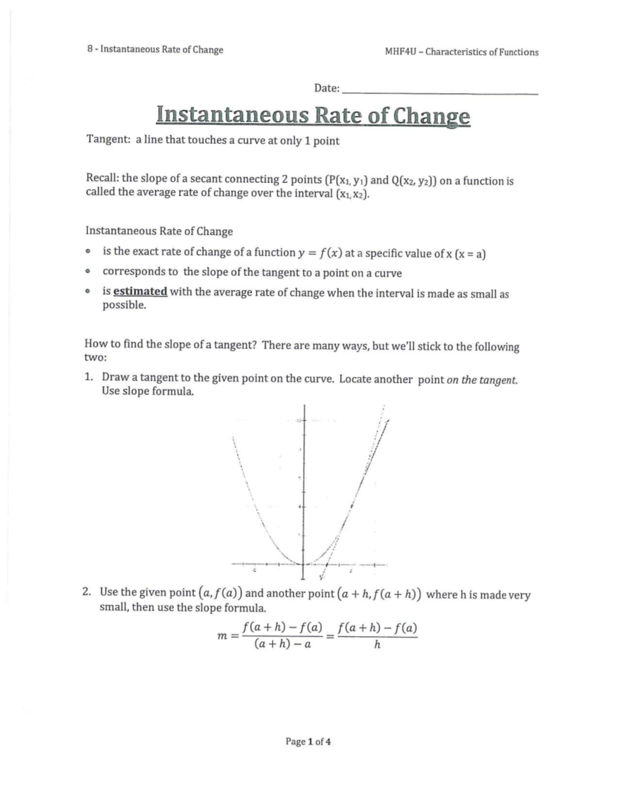MHF4U Lesson on Instantaneous Rate of Change and Tangents - Studocu