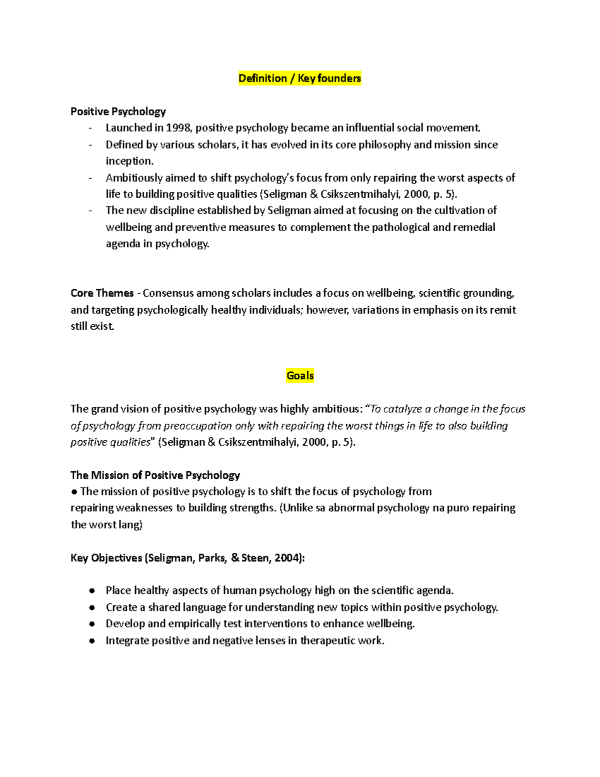 Positive Psychology: Key Founders and Core Concepts (PSY 101) - Studocu