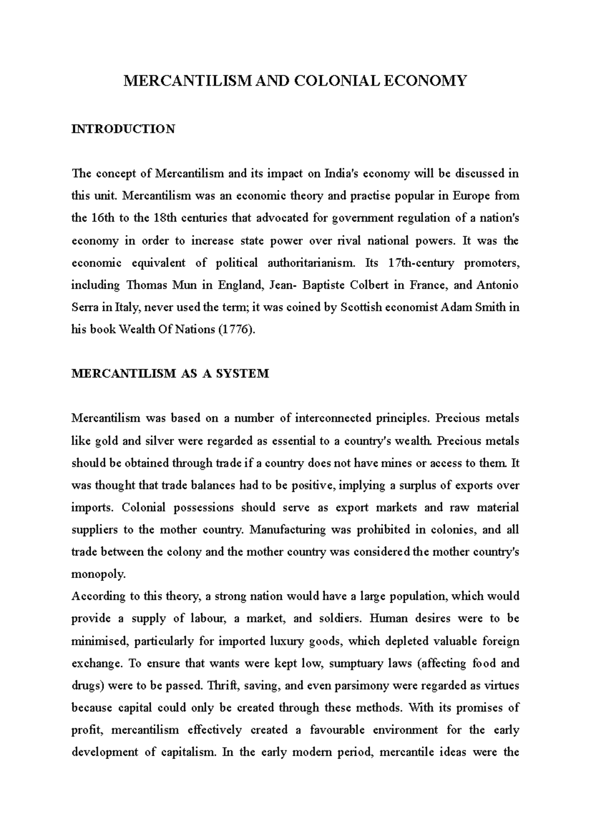 Mercantilism and Colonial Economy: Impact on India’s Trade System - Studocu