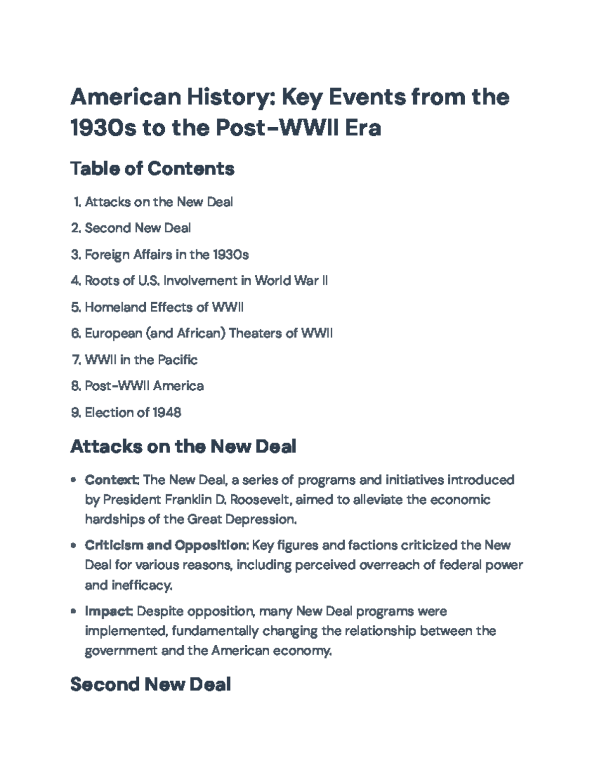 American History (Course Code): Key Events from 1930s to Post-WWII Era ...