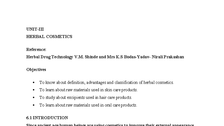 HERBAL COSMETICS: Overview and Raw Materials (Herbal Drug Tech) - Studocu