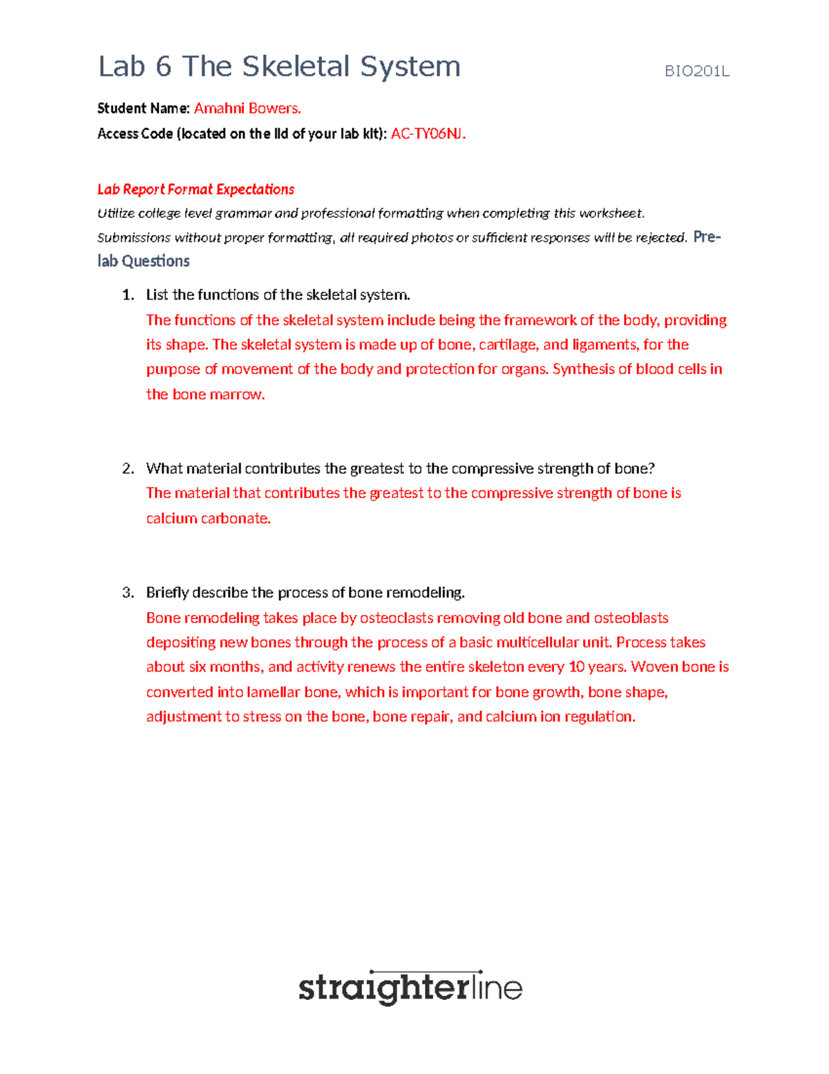 BIO201 Lab 6: Functions of the Skeletal System and Bone Classification ...