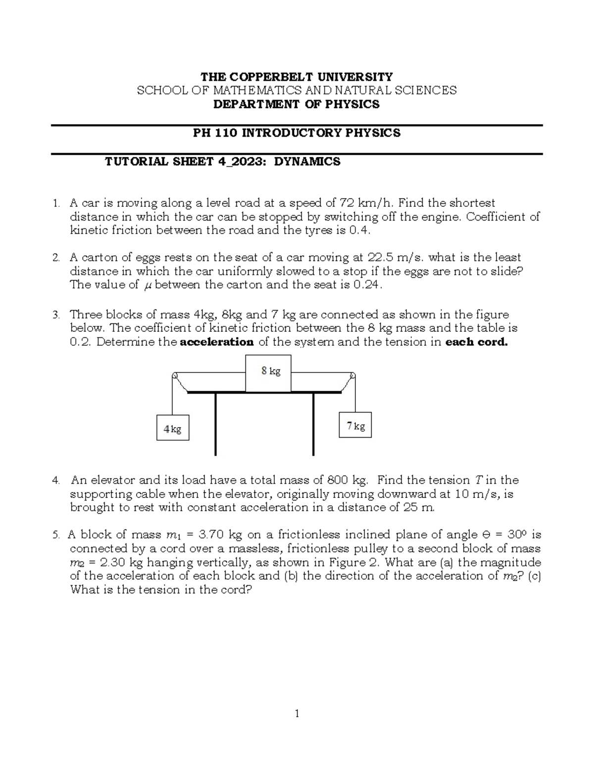 PH 110 Tutorial 4: Dynamics Problems and Solutions 2023 - Studocu