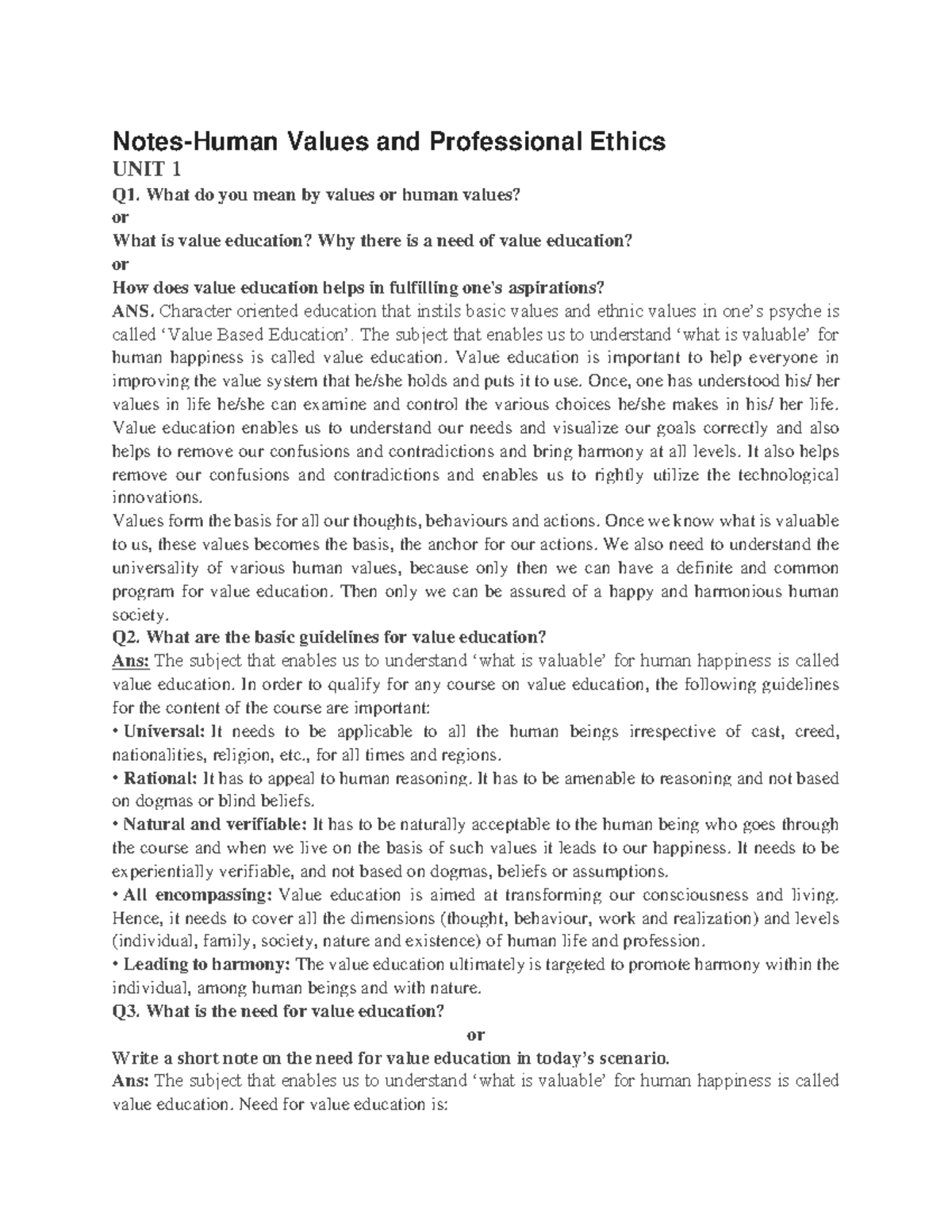 Universal Human Values Notes for UHV-2: Key Concepts and Ethics - Studocu