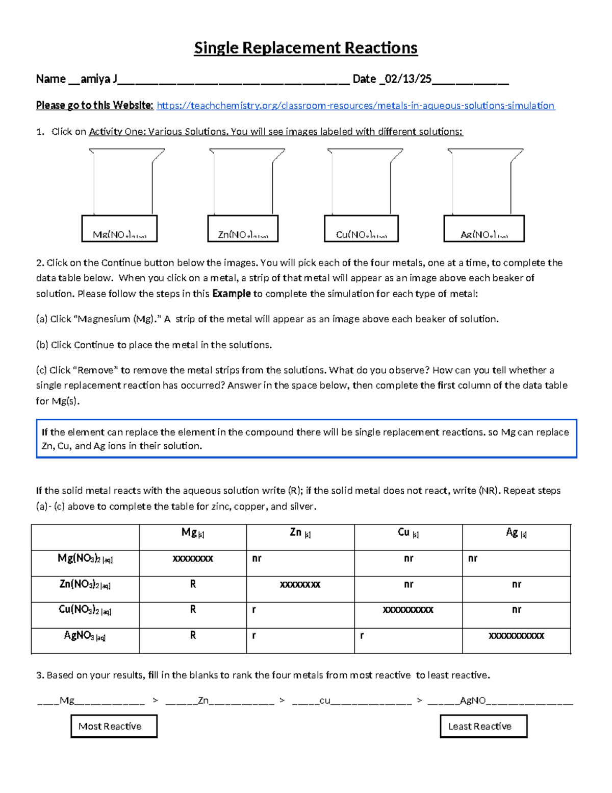 Single Replacement Reactions Lab Activity - Chem 101 - Studocu