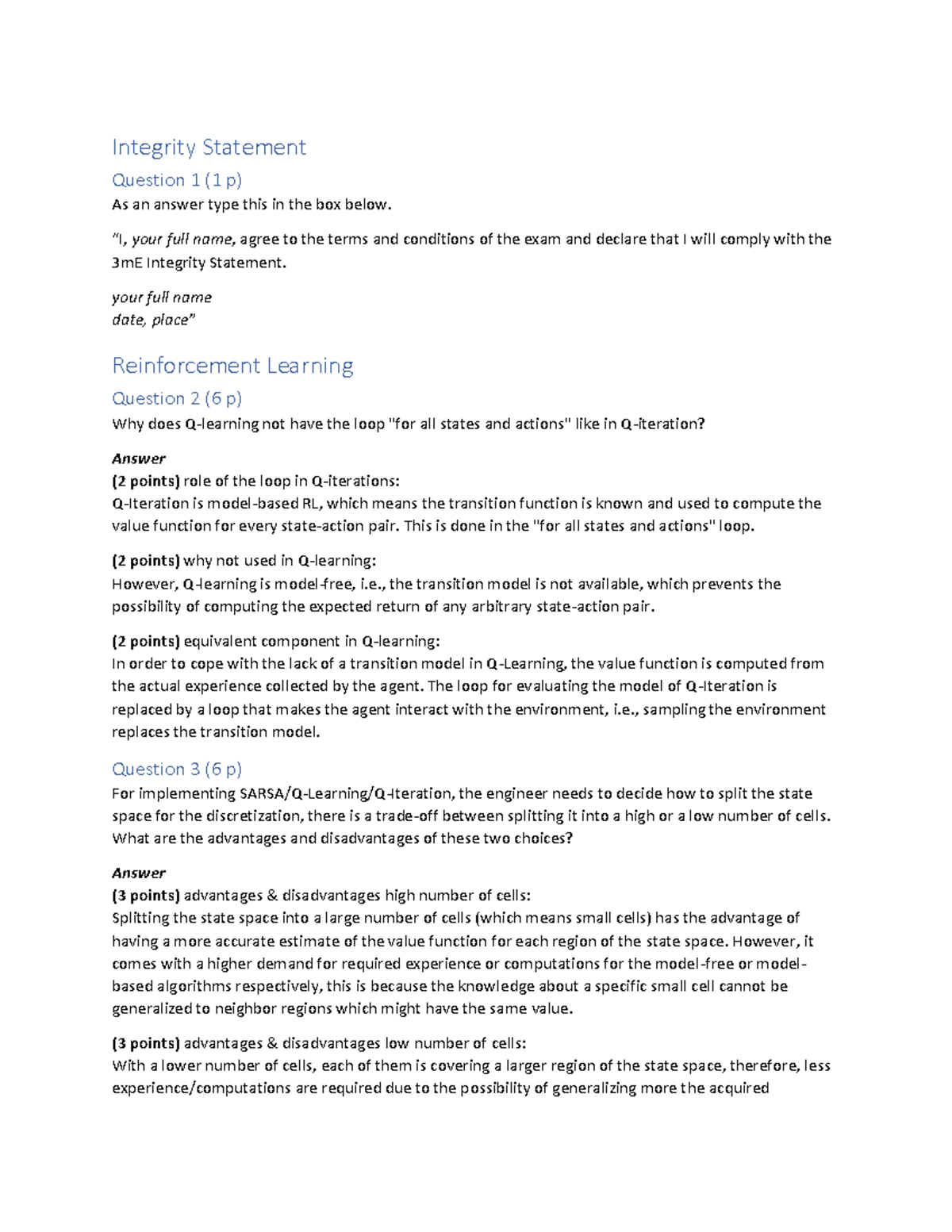 Resit 2020: Solutions for Reinforcement Learning & Control Concepts - Studeersnel