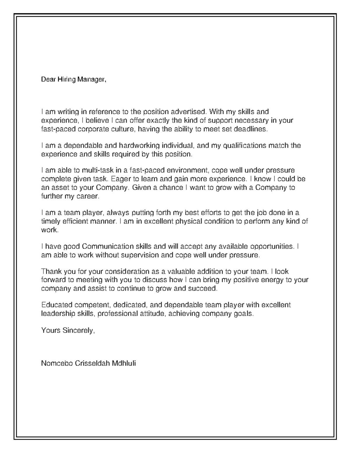 Application Letter for Position 11111 - Studocu