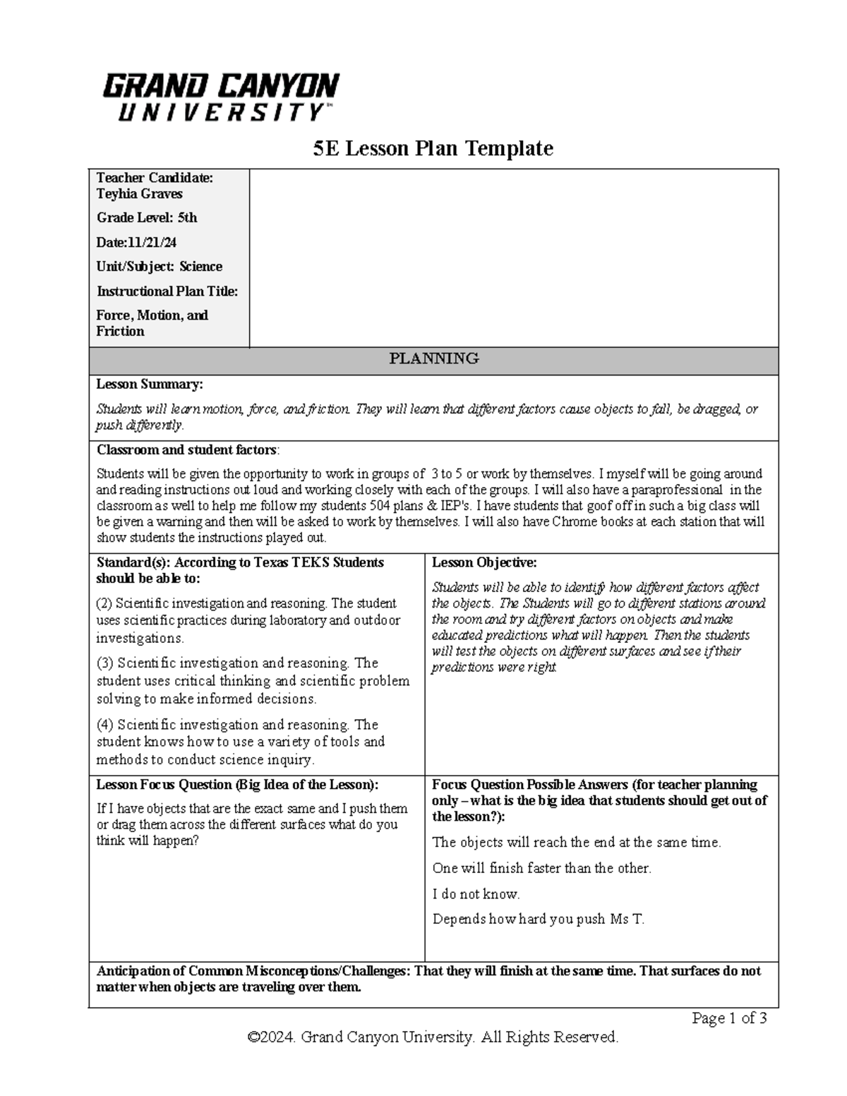 ELM-463-RS-T7-5E Lesson Plan Template: Force, Motion, and Friction ...